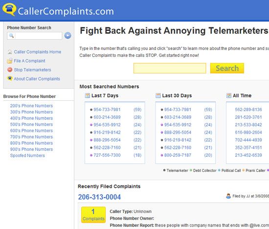 CallerComplaints: Database of Telemarketer Phone Numbers
