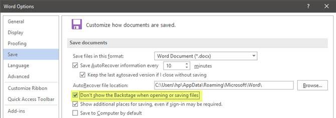 How to Avoid Backstage View When Saving Files in Office 2016