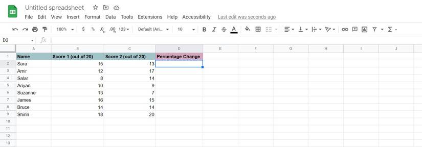 percent change formula sheets