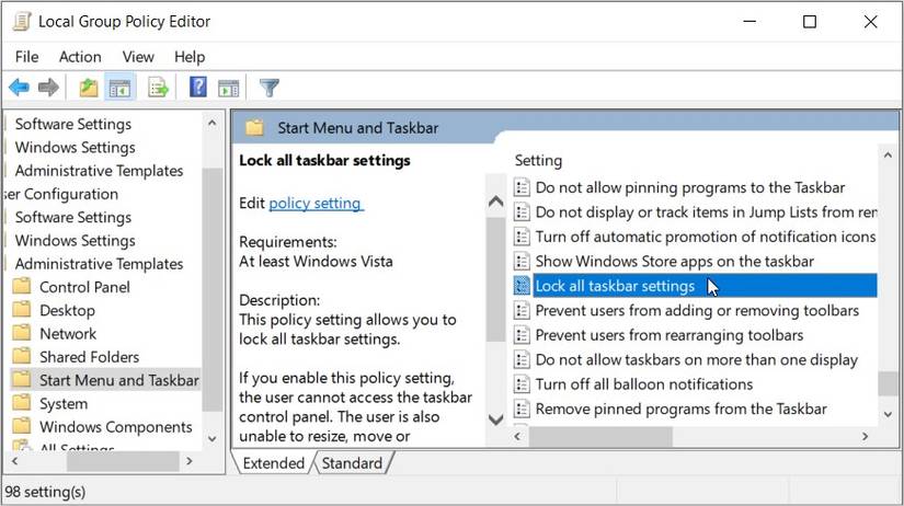 How to Enable or Disable the Windows Taskbar Settings