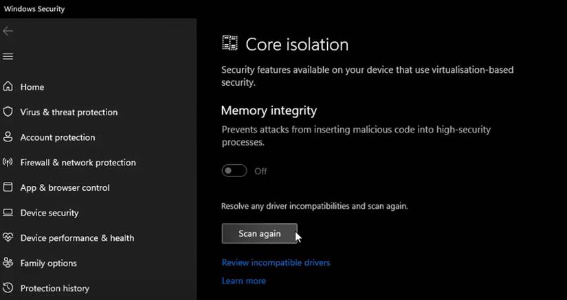 incompatible drivers memory integrity
