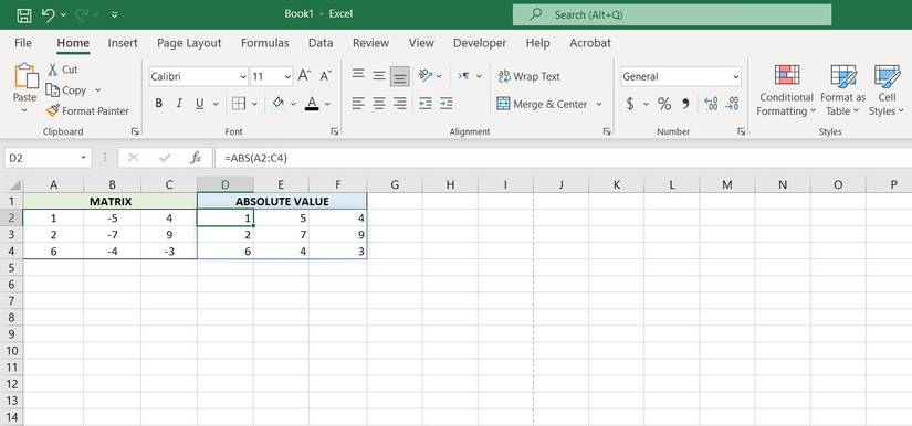 How to Get the Absolute Value of a Number or a Matrix in Excel