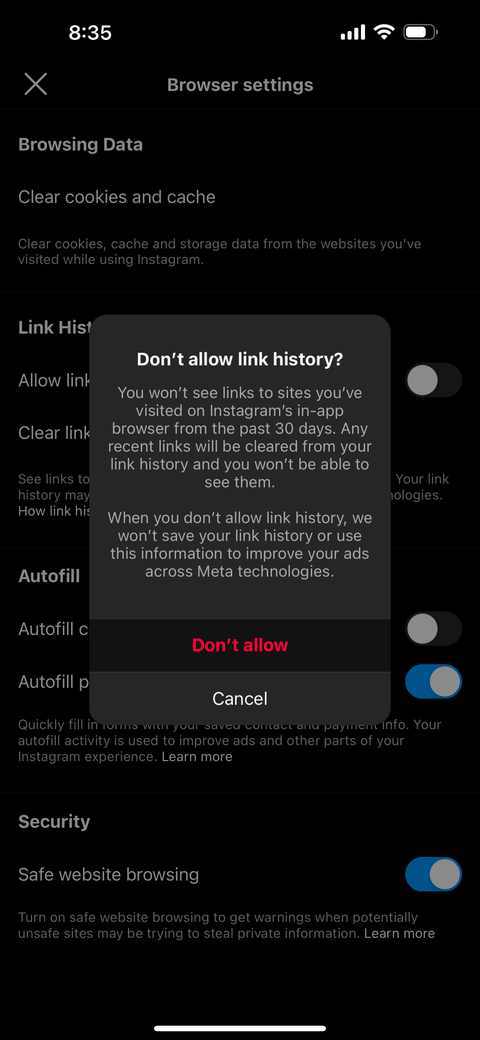 How to Turn Link History On or Off on Instagram